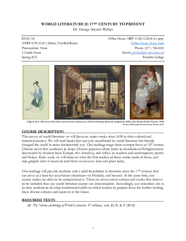 (PDF) Syllabus: World Literature II: 17th Century to Present (Spring 2021)