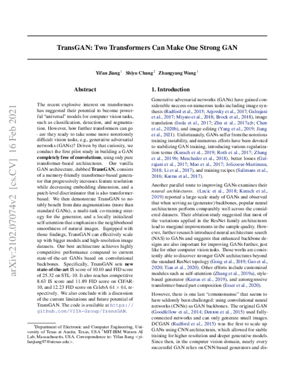 (PDF) TransGAN: Two Transformers Can Make One Strong GAN