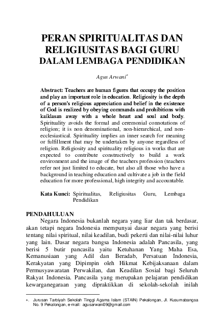 (PDF) PERAN SPIRITUALITAS DAN RELIGIUSITAS BAGI GURU DALAM LEMBAGA PENDIDIKAN