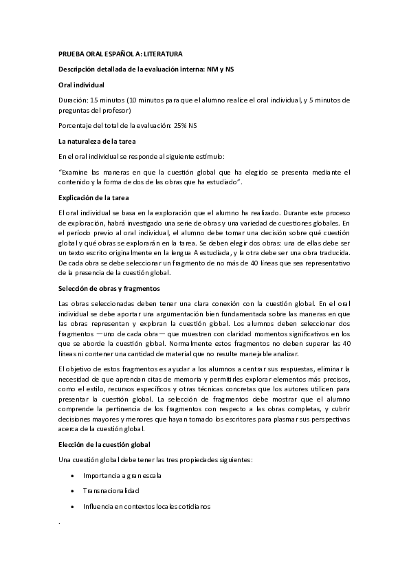(DOC) PRUEBA ORAL ESPAÑOL A: LITERATURA Descripción detallada de la ...