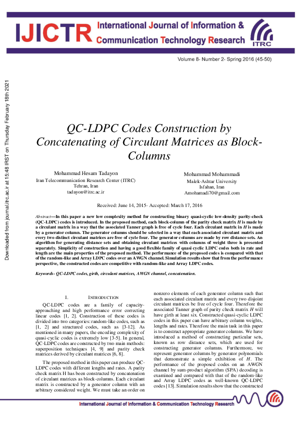 Pdf Qc Ldpc Codes Construction By Concatenating Of Circulant Matrices