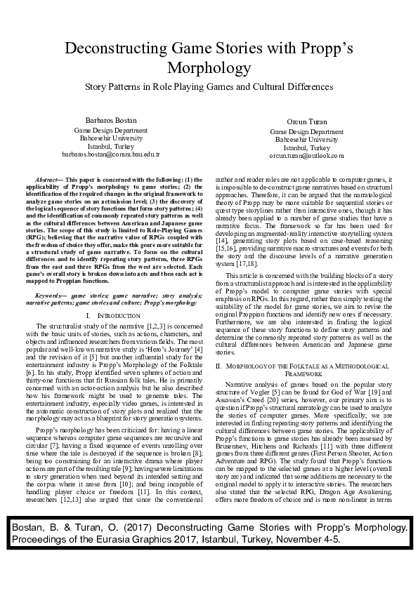 (PDF) Deconstructing Game Stories with Propp's Morphology: Story Patterns in Role Playing Games ...