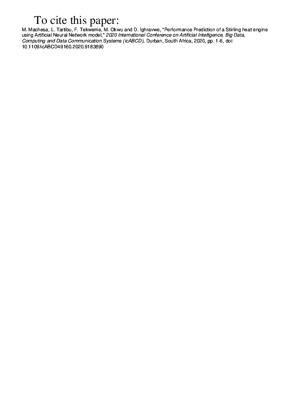 Pdf Performance Prediction Of A Stirling Heat Engine Using Artificial Neural Network Model