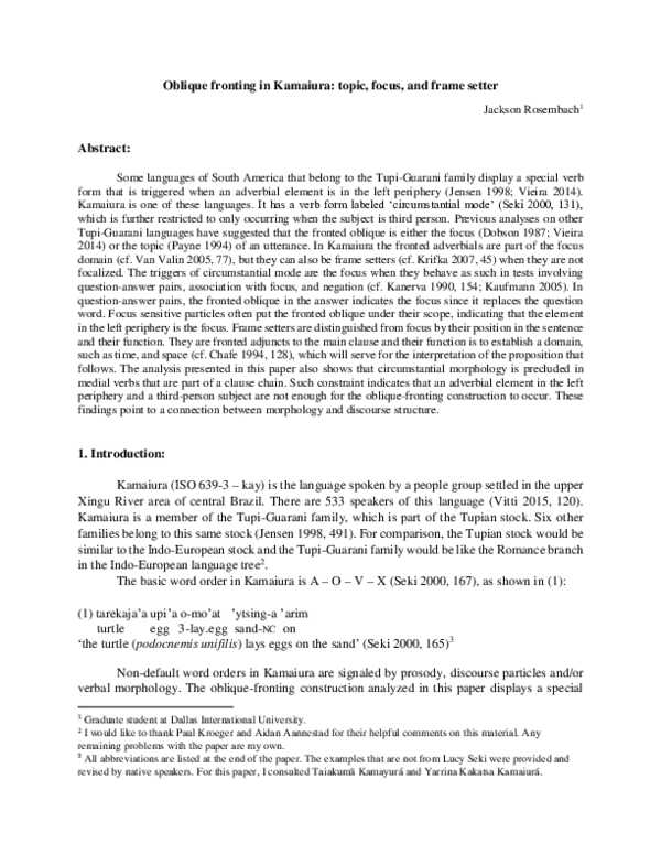 (PDF) Oblique fronting in Kamaiura: topic, focus, and frame setter