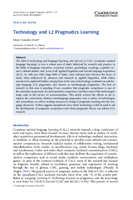(PDF) Technology and L2 Pragmatics Learning