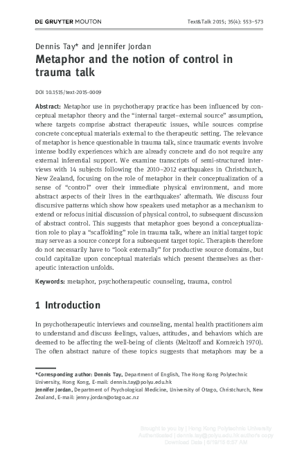 (PDF) Metaphor and the notion of control in trauma talk