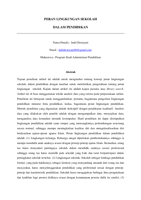 (PDF) PERAN LINGKUNGAN SEKOLAH DALAM PENDIDIKAN