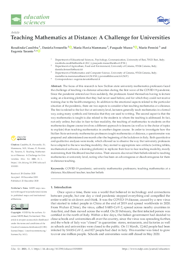 (PDF) Teaching Mathematics at Distance: A Challenge for Universities