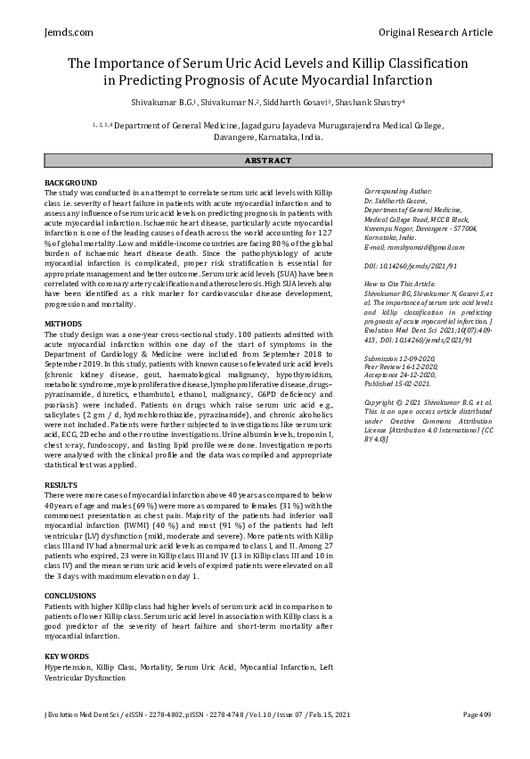 (PDF) The Importance of Serum Uric Acid Levels and Killip Classification in Predicting Prognosis ...