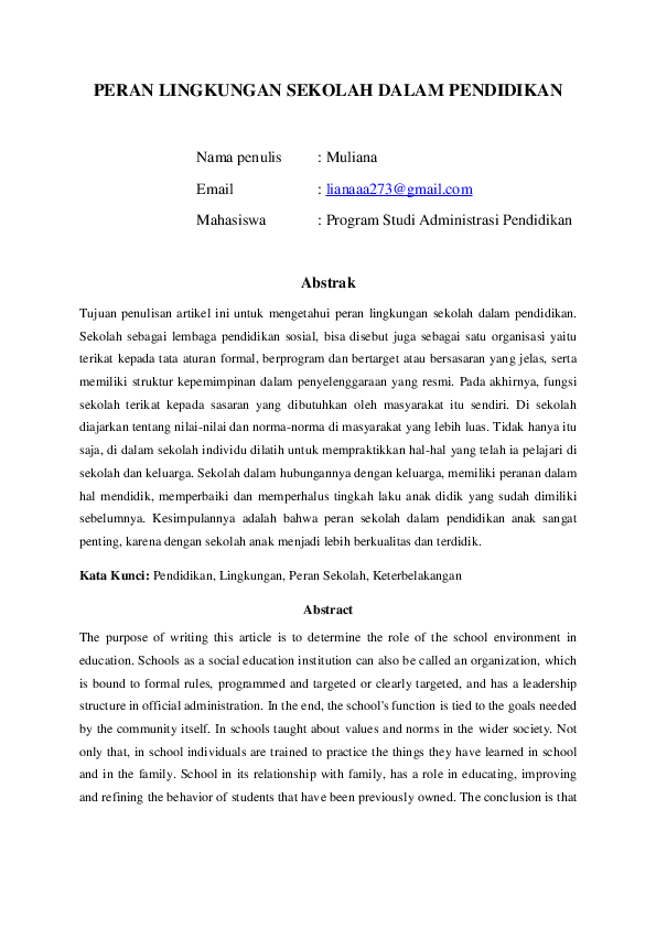 (PDF) PERAN LINGKUNGAN SEKOLAH DALAM PENDIDIKAN