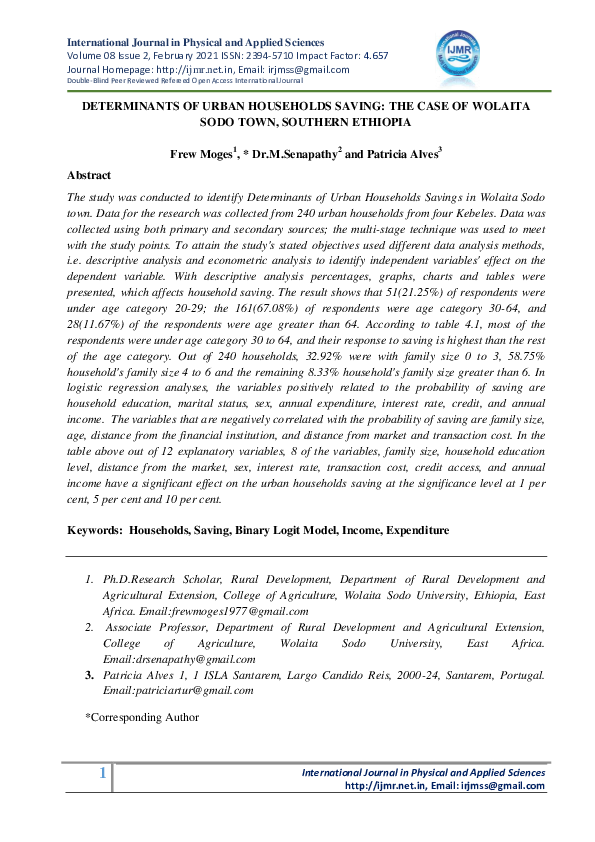 (PDF) DETERMINANTS OF URBAN HOUSEHOLDS SAVING: THE CASE OF WOLAITA SODO ...