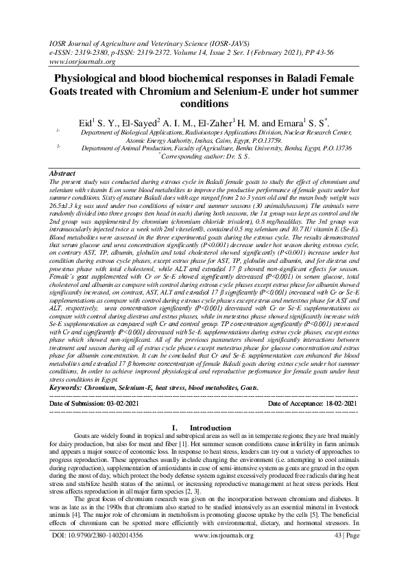 (PDF) Physiological and blood biochemical responses in Baladi Female ...