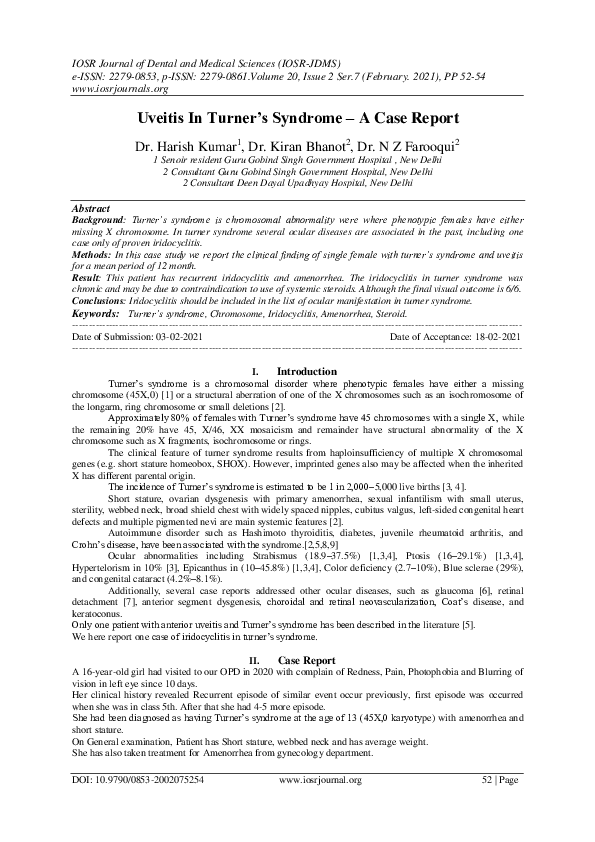(PDF) Uveitis In Turner's Syndrome -A Case Report