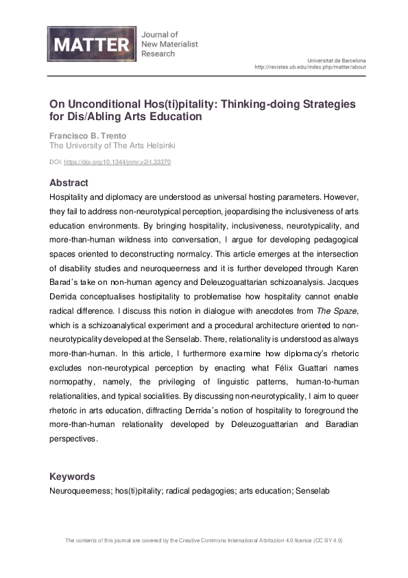 (PDF) On Unconditional Hos(ti)pitality: Thinking-doing Strategies for Dis/Abling Arts Education