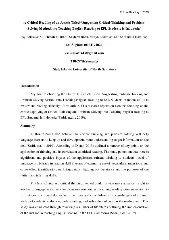 (PDF) Critical Reading Response