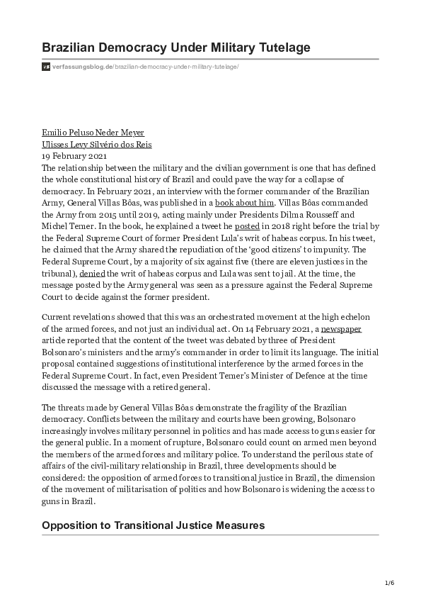 (PDF) Brazilian Democracy Under Military Tutelage