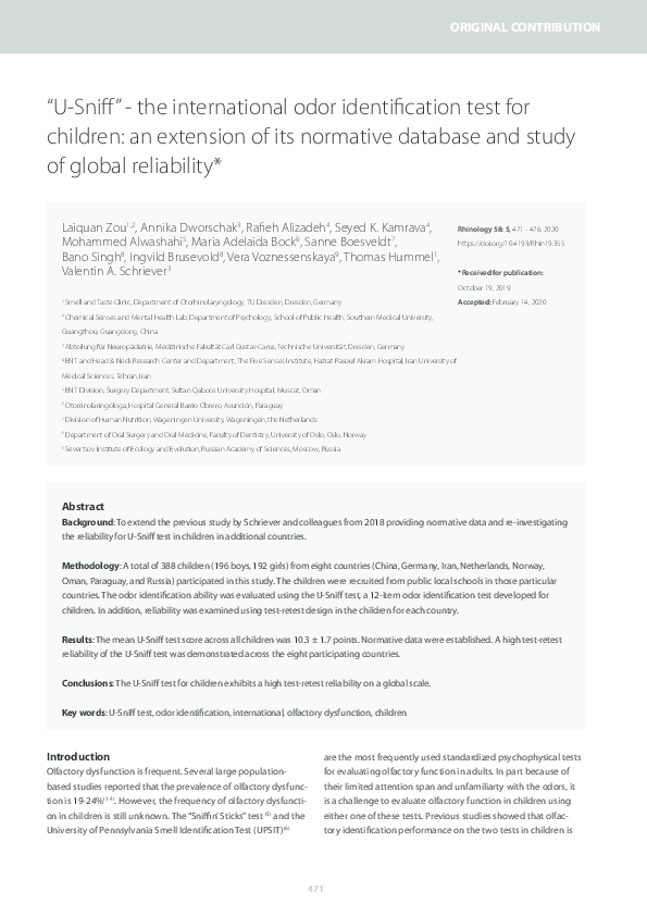 (PDF) "U-Sniff" -the international odor identification test for ...