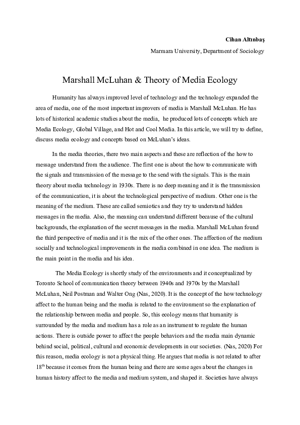 (DOC) Marshall McLuhan & Theory of Media Ecology