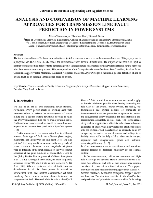 (PDF) ANALYSIS AND COMPARISON OF MACHINE LEARNING APPROACHES FOR TRANSMISSION LINE FAULT ...
