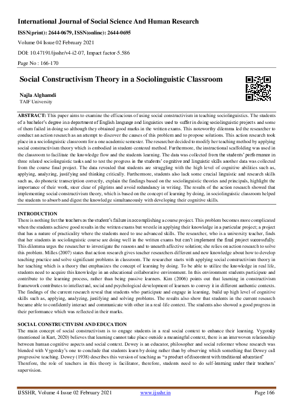(PDF) Social Constructivism Theory in a Sociolinguistic Classroom