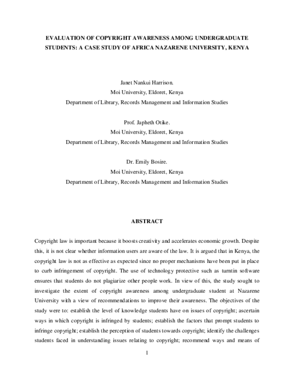 (PDF) EVALUATION OF COPYRIGHT AWARENESS AMONG UNDERGRADUATE STUDENTS: A ...