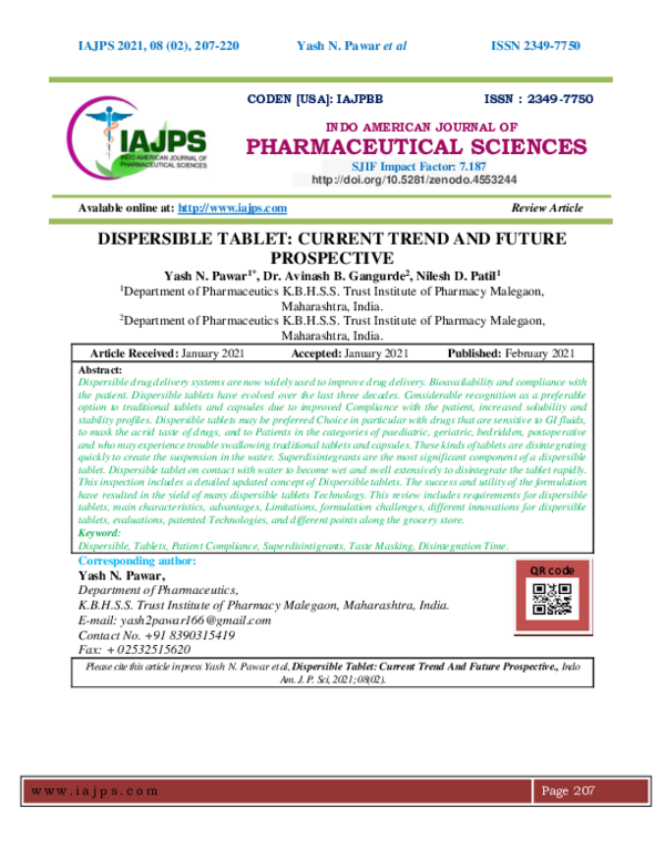 (PDF) DISPERSIBLE TABLET: CURRENT TREND AND FUTURE PROSPECTIVE