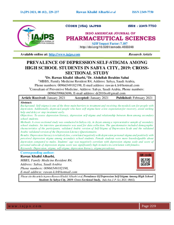 (PDF) PREVALENCE OF DEPRESSION SELF-STIGMA AMONG HIGH SCHOOL STUDENTS ...
