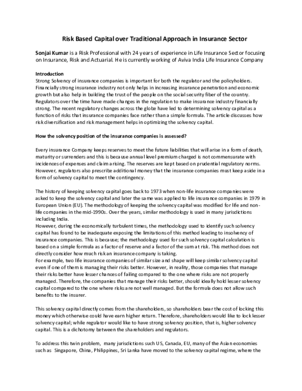 (PDF) Risk Based Capital over Traditional Approach in Insurance Sector