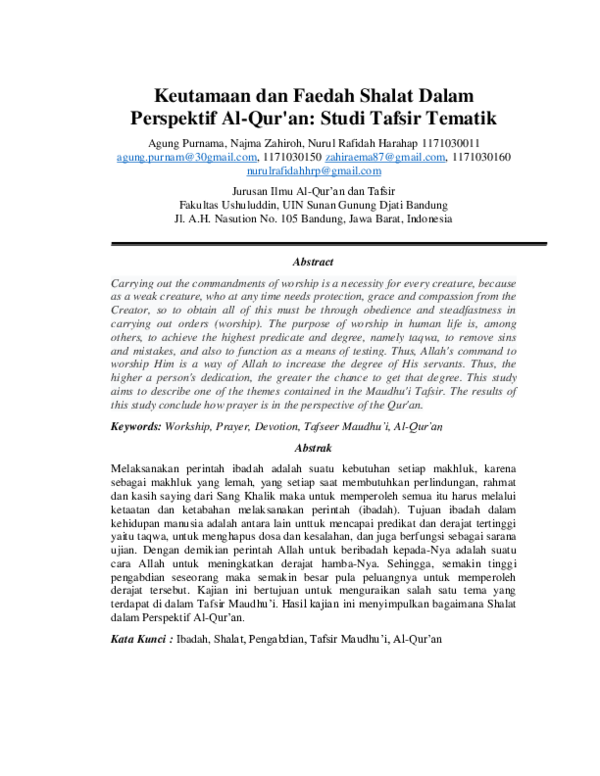 (PDF) Keutamaan dan Faedah Shalat Dalam Perspektif Al-Qur'an