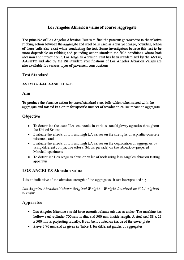 (DOC) Los Angeles Abrasion value of coarse Aggregate Test Standard