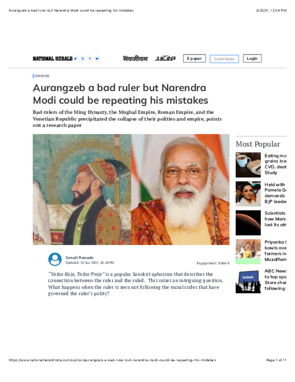 (PDF) Aurangzeb a bad ruler but Narendra Modi could be repeating his mistakes (Sonali Ranade, 18 ...