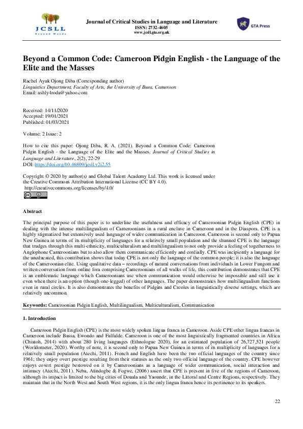 (PDF) Beyond a Common Code: Cameroon Pidgin English - the Language of ...