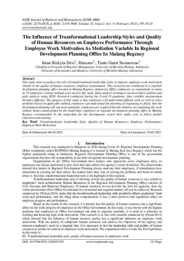 (PDF) The Influence of Transformational Leadership Styles and Quality of Human Resources on ...