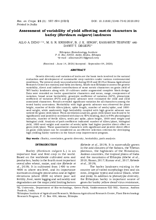 Pdf Assessment Of Variability Of Yield Affecting Metric Characters In