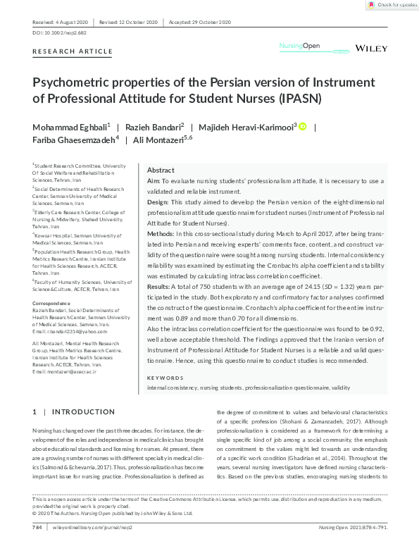 (PDF) Psychometric properties of the Persian version of Instrument of Professional Attitude for ...