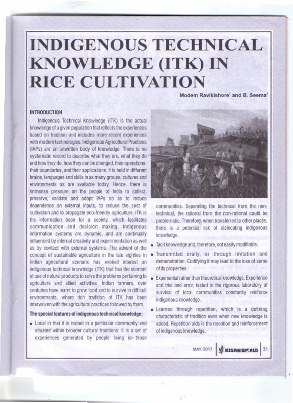 (PDF) INDIGENOUS TECHNICAL KNOWLEDGE (ITK) IN RICE CULTIVATION