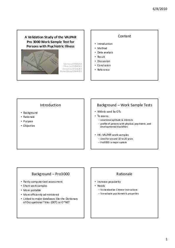(PDF) A Validation Study of the VALPAR Pro 3000 Work Sample Test for ...