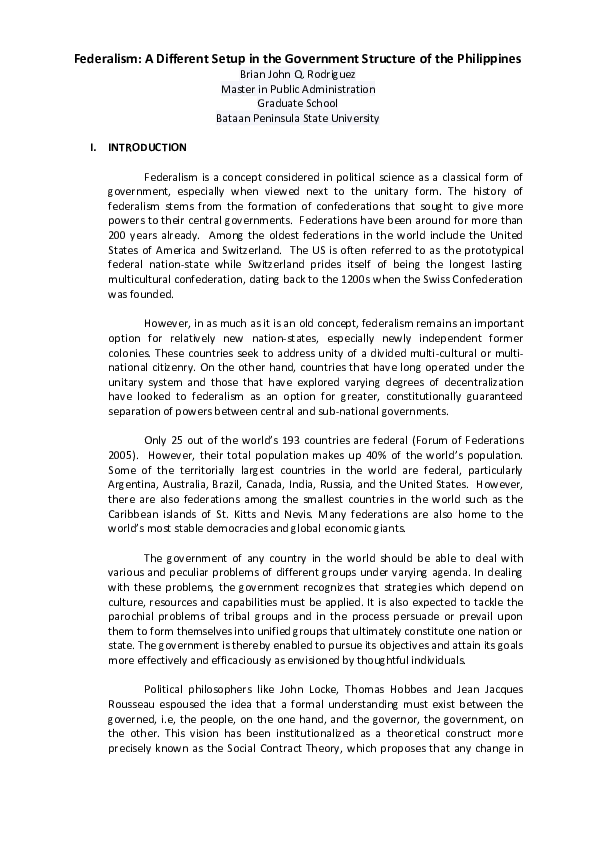 (PDF) Federalism: A Different Setup in the Government Structure of the ...