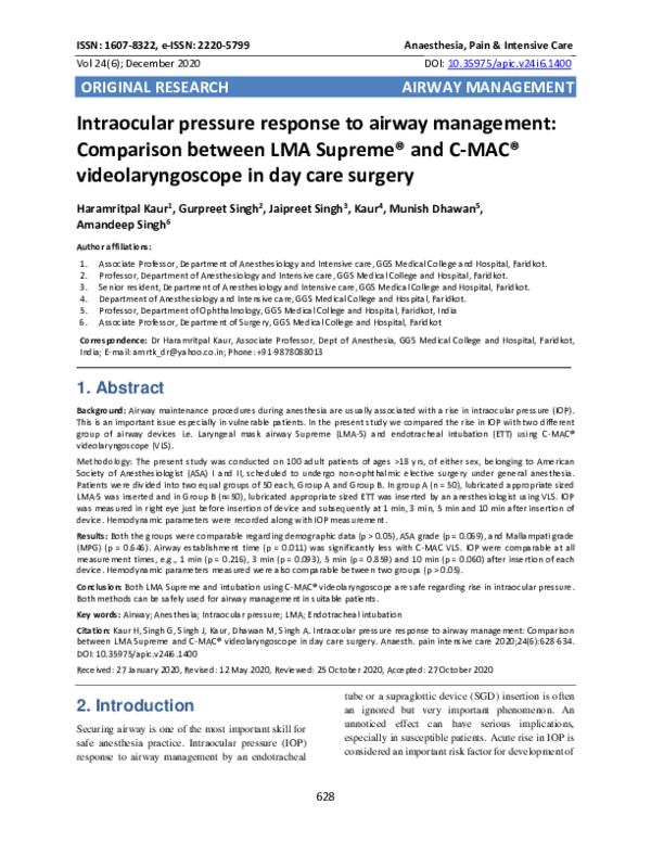 (PDF) Intraocular pressure response to airway management: Comparison ...