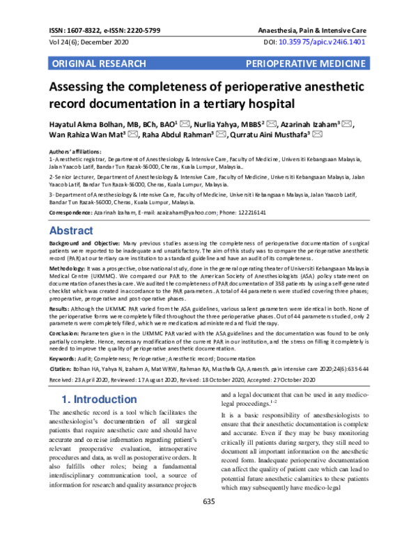 (PDF) Assessing the completeness of perioperative anesthetic record ...