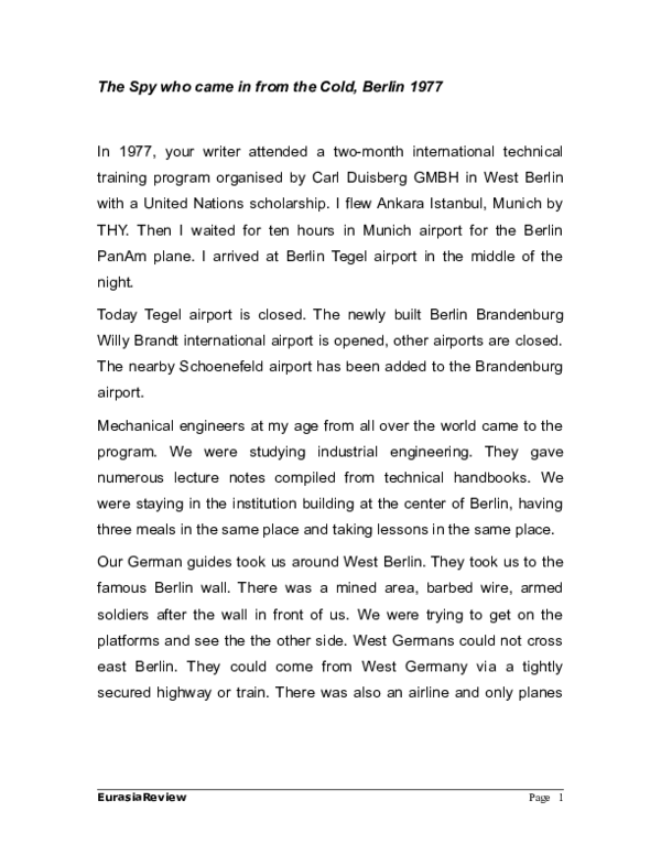 (PDF) The ‘Spy’ Who Came In From The Cold, Berlin 1977 – OpEd EurasiaReview