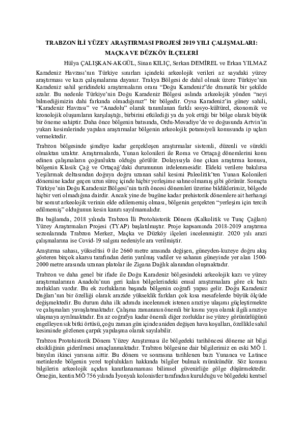 (PDF) TRABZON İLİ YÜZEY ARAŞTIRMASI PROJESİ 2019 YILI ÇALIŞMALARI ...