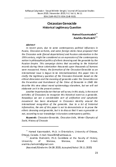 (PDF) Circassian Genocide Historical Legitimacy Question