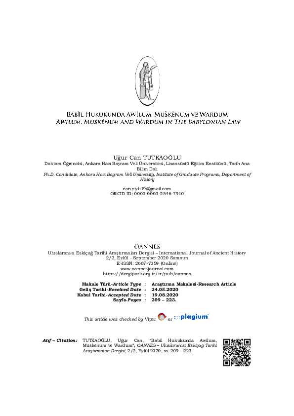 (PDF) TUTKAOĞLU, Uğur Can, “Babil Hukukunda Awilum, Muškēnum ve Wardum ...