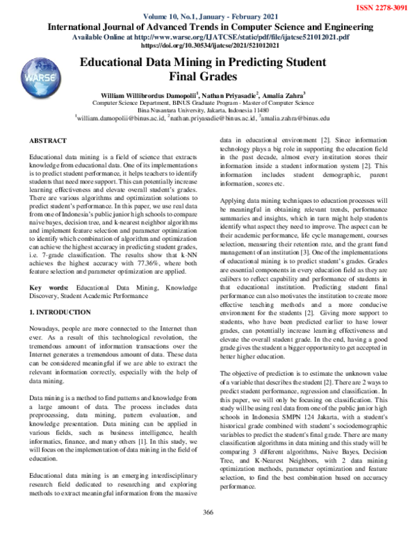 (PDF) Educational Data Mining in Predicting Student Final Grades