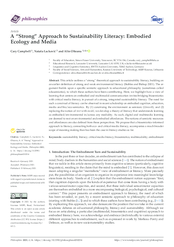 (PDF) A "Strong" Approach to Sustainability Literacy: Embodied Ecology ...
