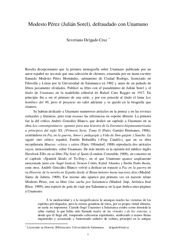 (PDF) Modesto Perez (Julián Sorel), defraudado con Unamuno
