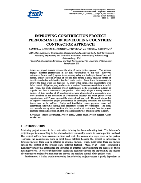(PDF) IMPROVING CONSTRUCTION PROJECT PERFORMANCE IN DEVELOPING COUNTRIES: CONTRACTOR APPROACH