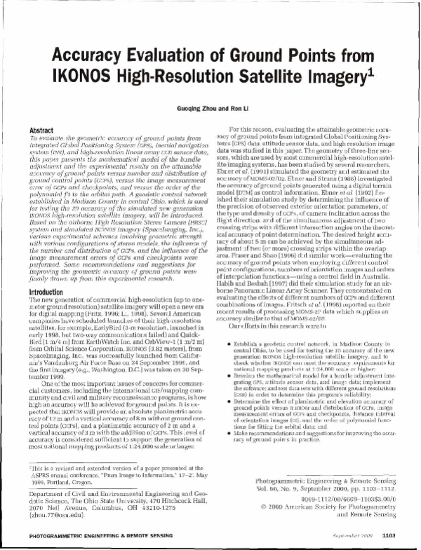 (PDF) Accuracy evaluation of ground points from IKONOS high-resolution satellite imagery