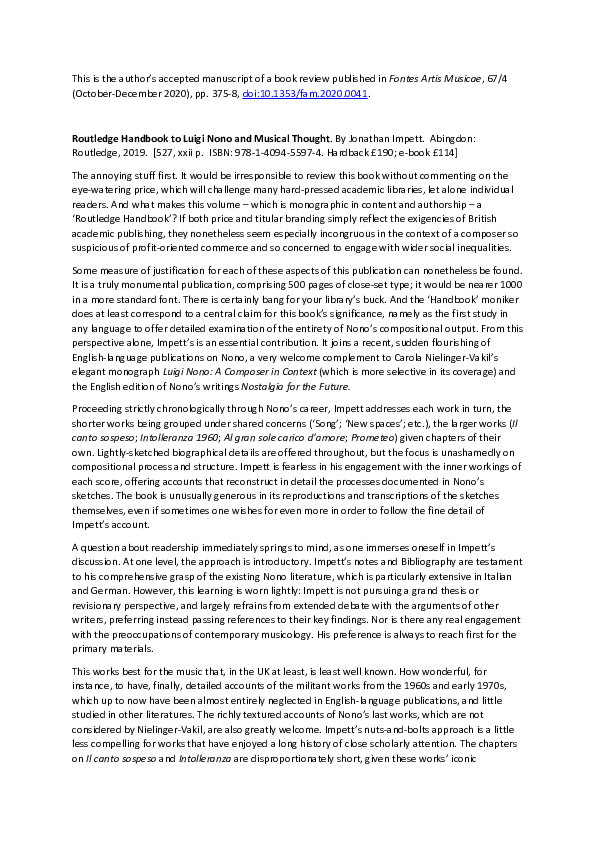 (PDF) Book review: Routledge Handbook to Luigi Nono and Musical Thought ...